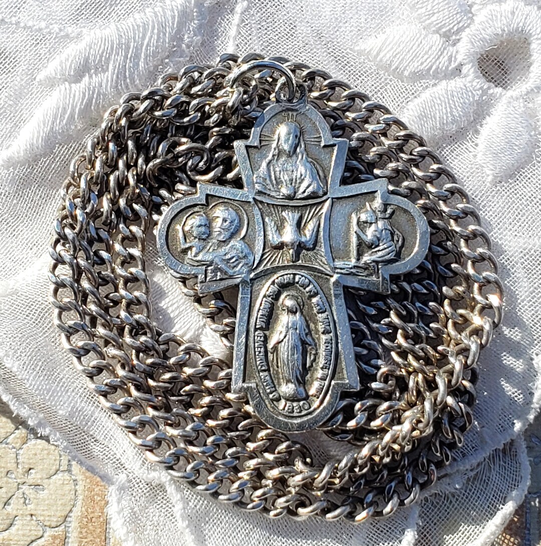 Vintage Sterling Cross Necklace, Silver Scapular, Four Way Medal Cross ...