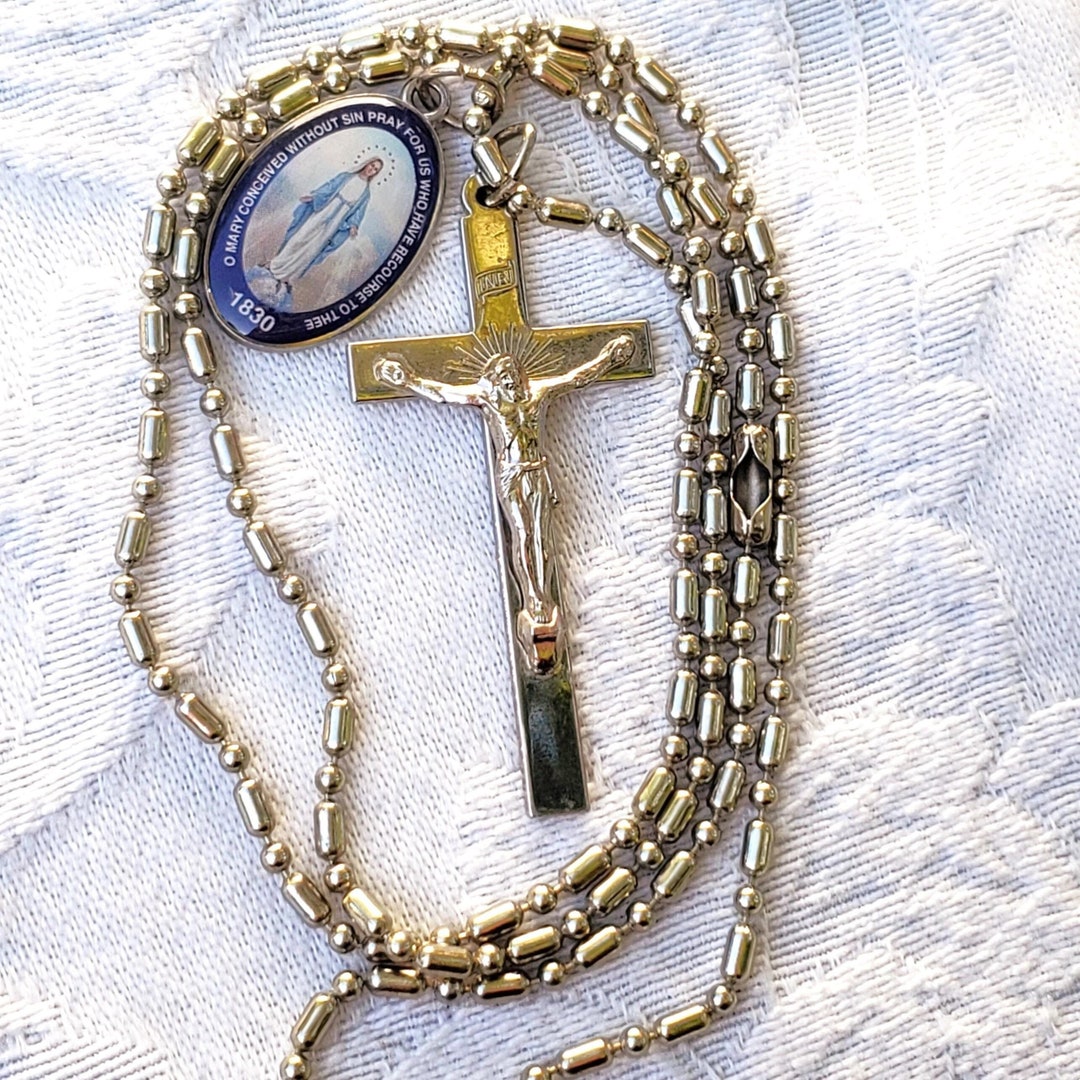 Vintage Religious Amulet, Crucifix & Color Miraculous Medal, Silver ...