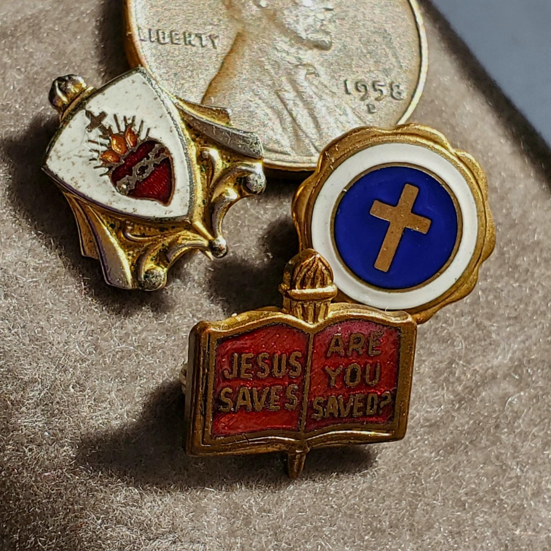 Vintage Religious Pins, Set of 3, Enamel & Gold Tone, Flaming Heart of ...