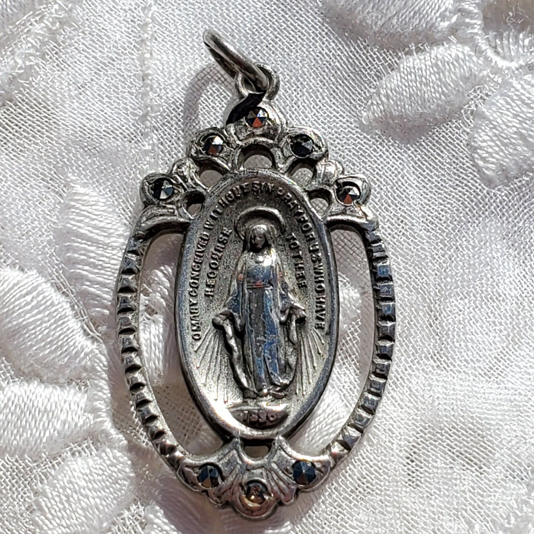 Vintage Miraculous Medal, Sterling Silver W/ Marcasites, Virgin Mary ...