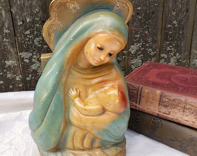 Vintage Mary & Jesus Statue, 12"tall, Chalkware, Madonna and Child ...
