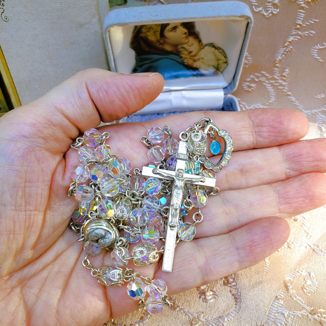 Vintage Sterling Rosary, Nice Size Aurora Borealis Crystal Beads, Tiny ...
