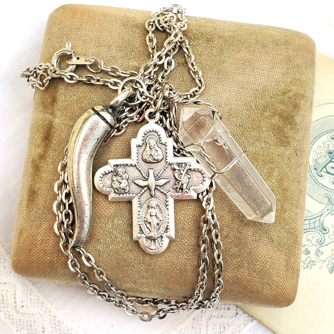 Vintage Religious Amulet, Four Way Cross, Italian Horn Cornuto, Crystal ...