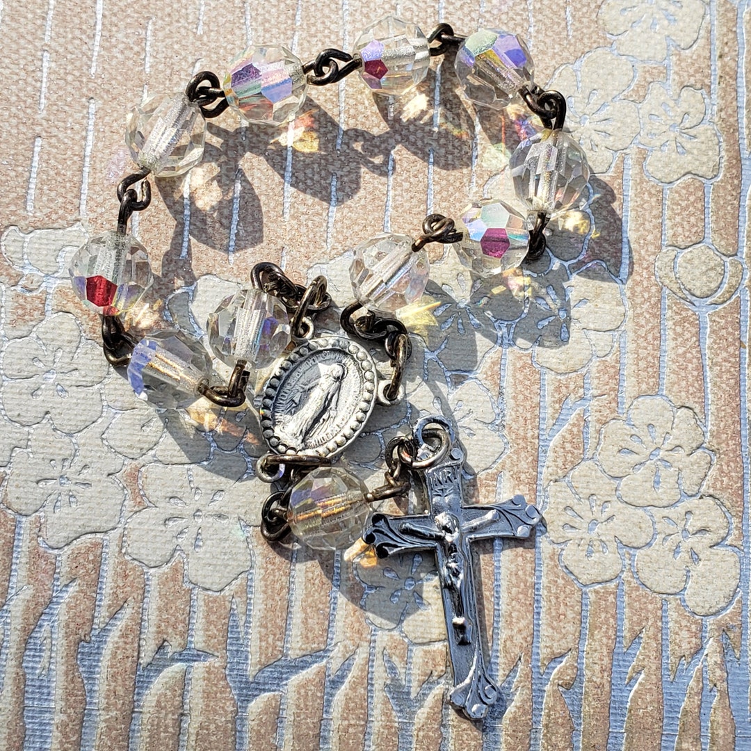 Vintage Chaplet Rosary, Sterling & Aurora Borealis Crystal Beads, Small ...