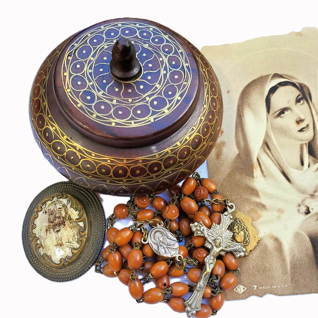 Antique Corozo Rosary, Carved Pater Beads, Wood Box W/ Brass Inlay, OLO ...