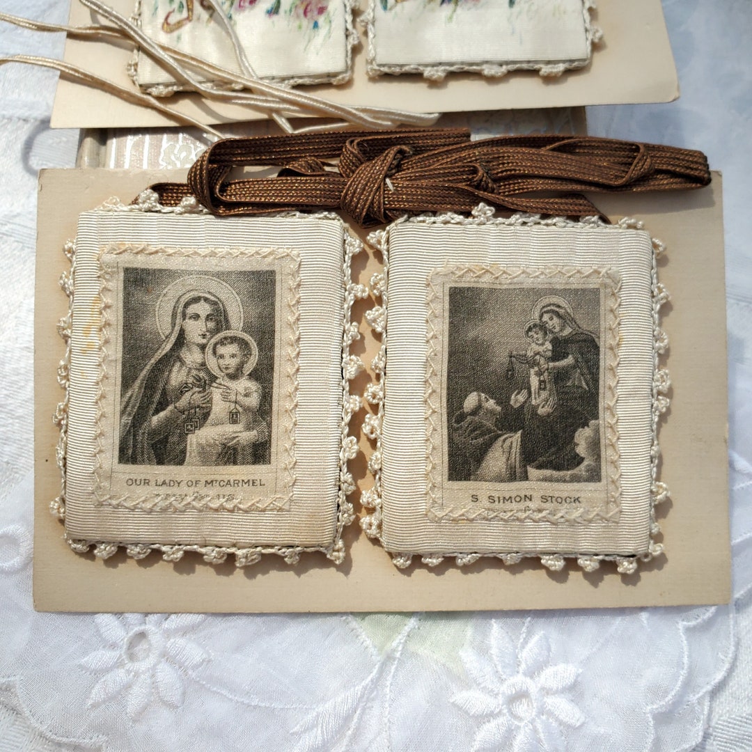 Vintage Brown Scapular, Handmade Cloth W/ Crochet Edge, Our Lady of Mt ...