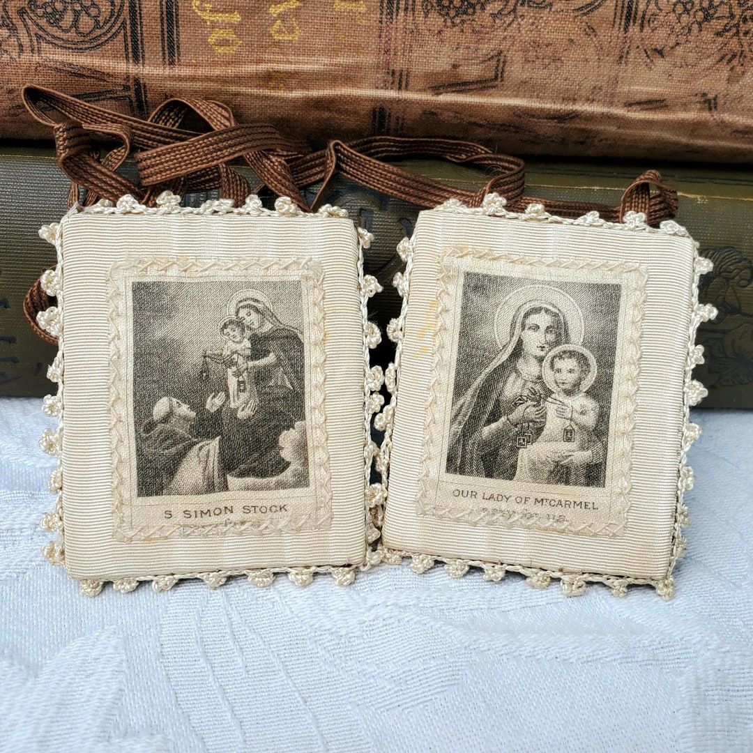 Large Vintage Brown Scapular, Handmade Cloth W/ Crochet Edge, Our Lady ...