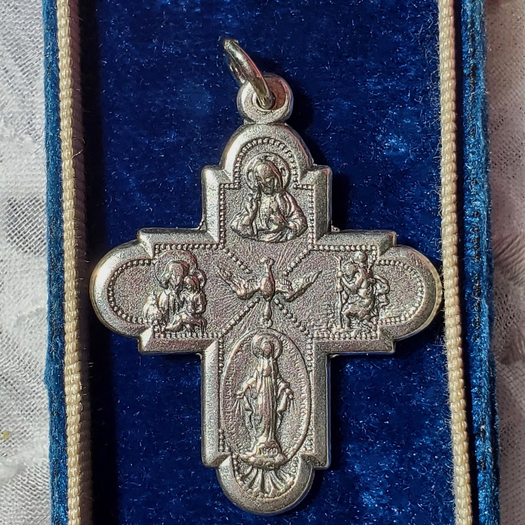 Vintage Scapular Medal, Four-way Cross, Sacred Heart Jesus, St Joseph ...