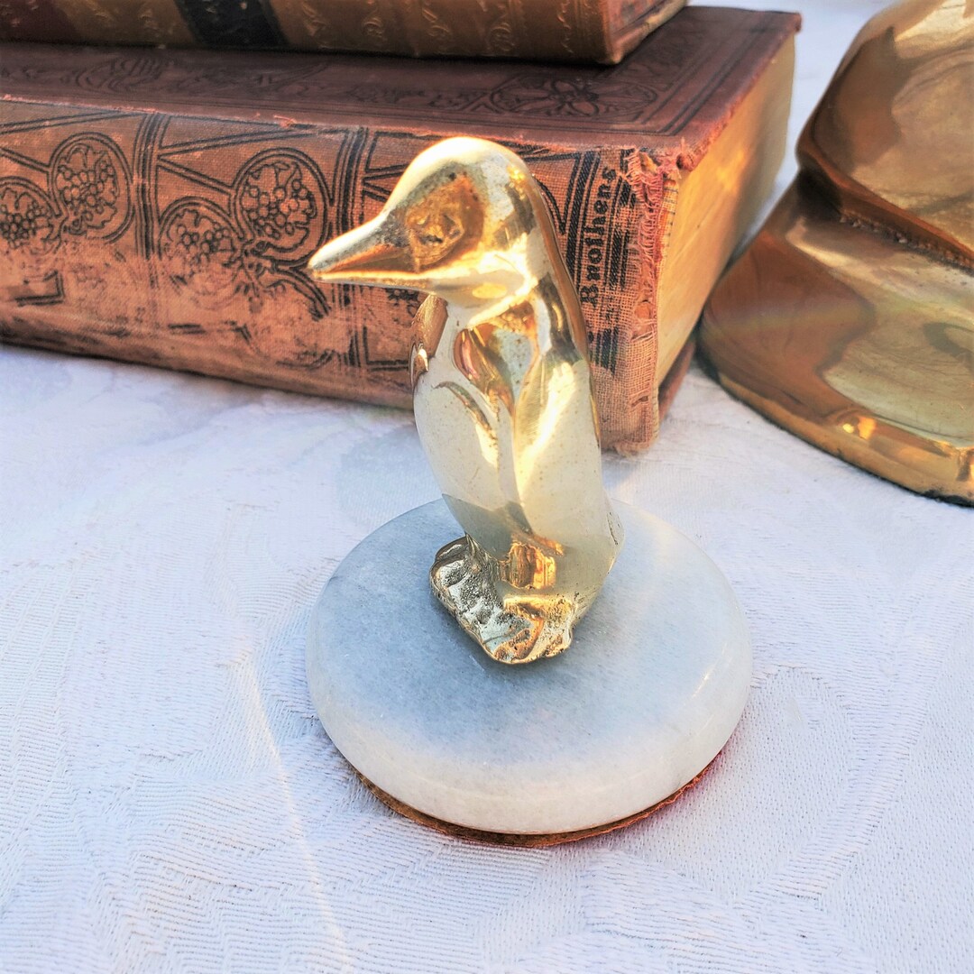 Vintage Brass Penguin 3"h, White Stone Base, Small Brass Bird, Made by ...