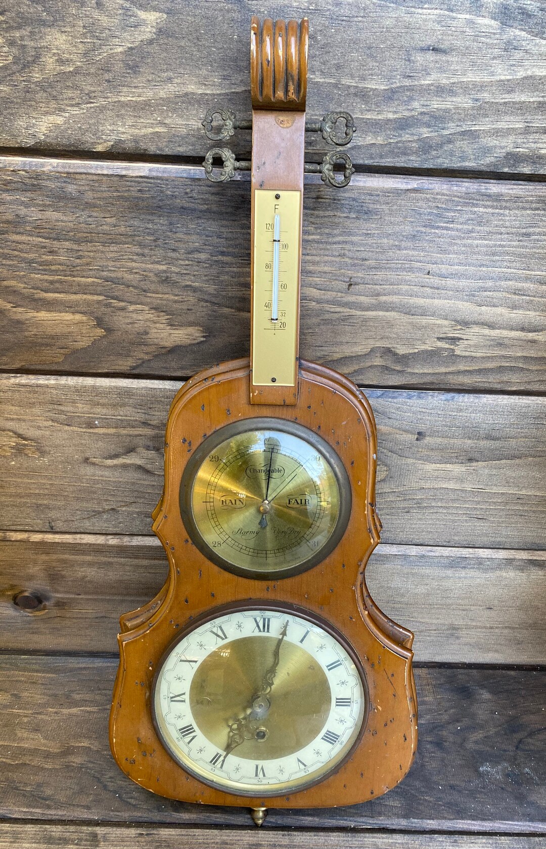 Vintage Violin Shaped Clock/barometer/thermometer 8 Day German/ W Key ...