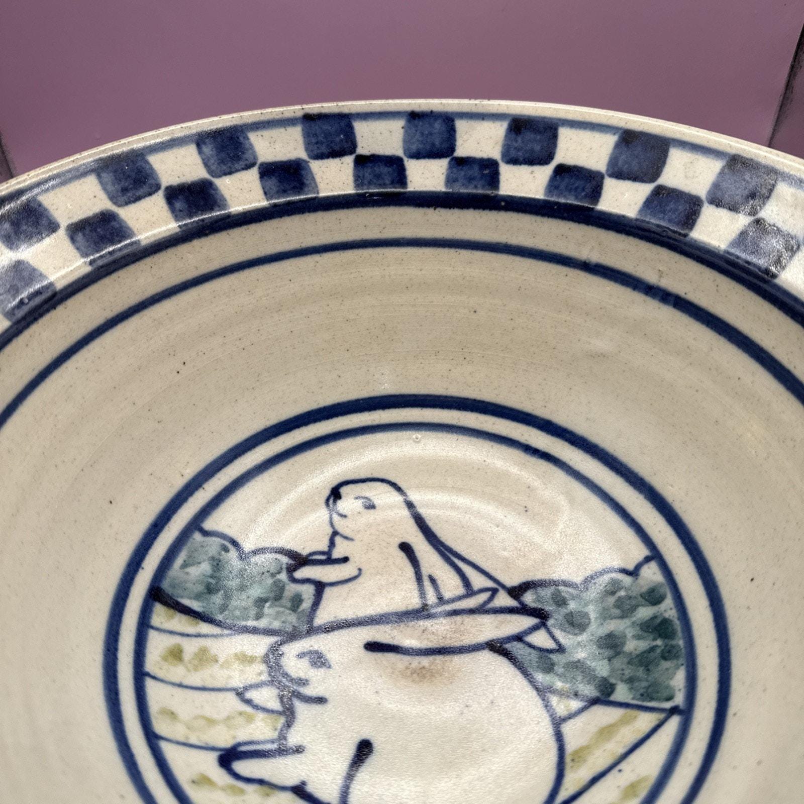 Vintage Rare Debbie Dean Large Fruit Bowl Checkered Blue Pottery 2 ...