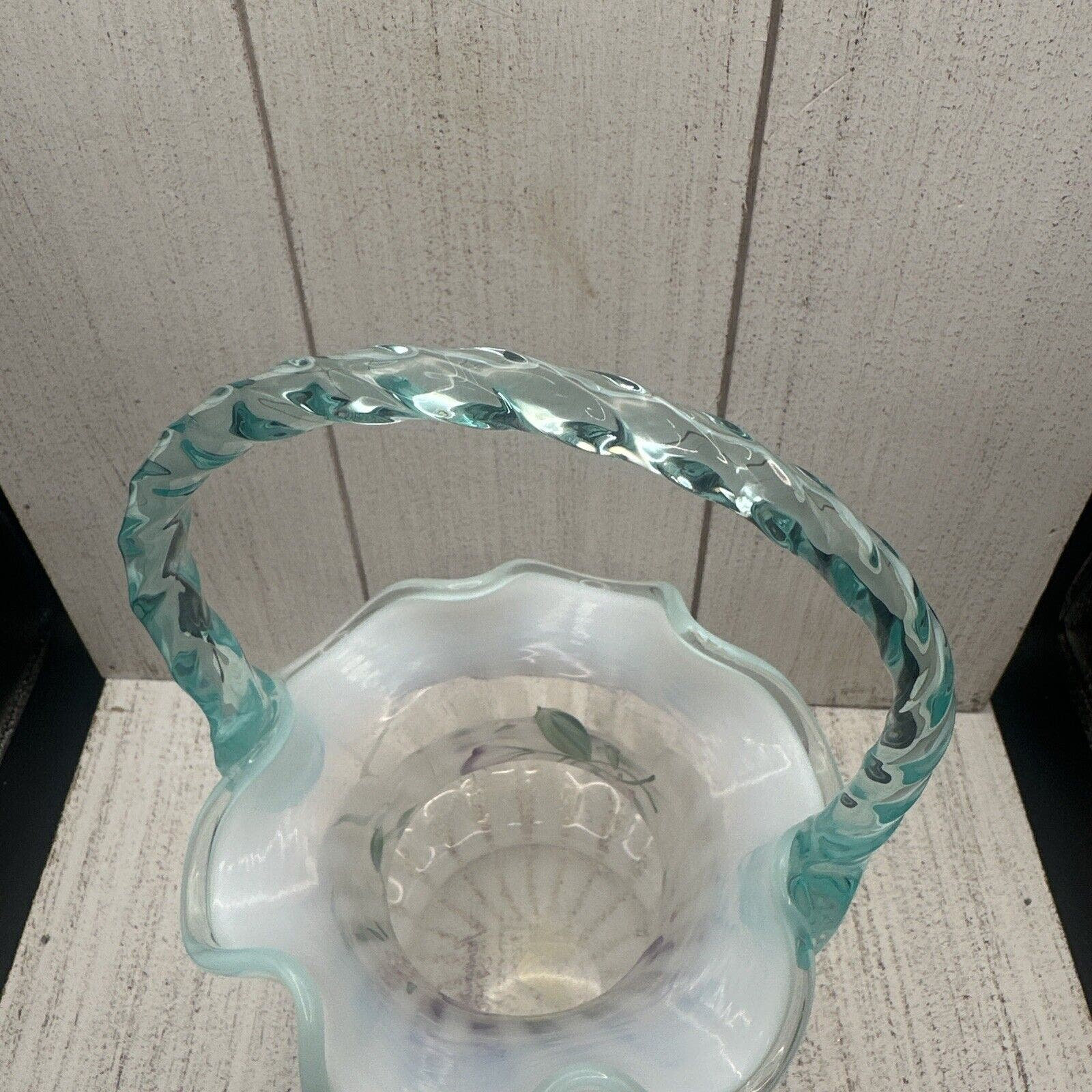 Fenton Art Glass White Opaline Swirl Basket Light Blue Crest Purple ...