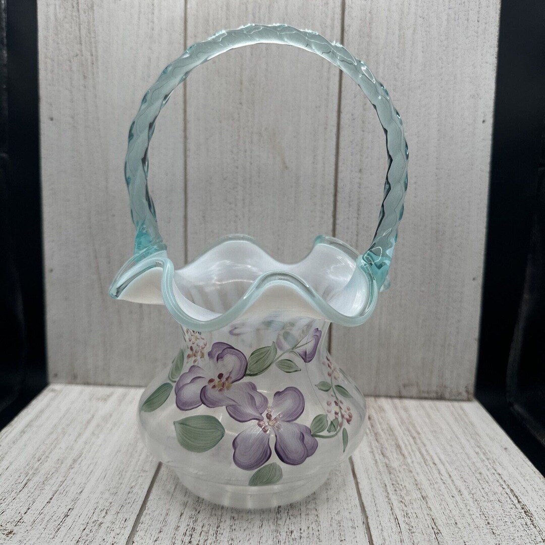 Fenton Art Glass White Opaline Swirl Basket Light Blue Crest Purple ...