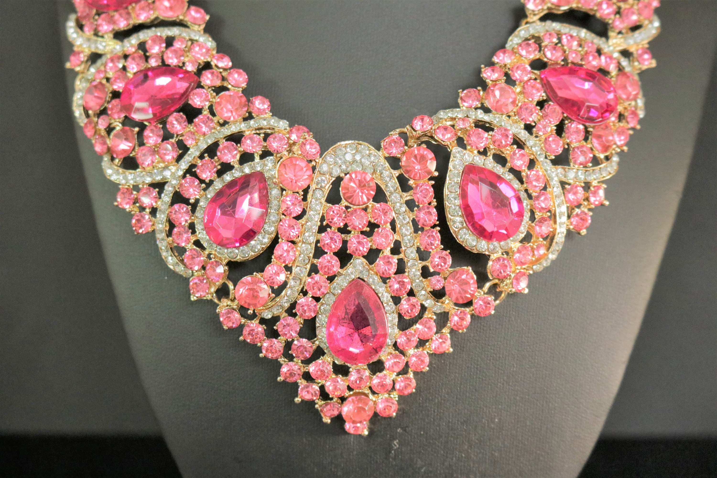 Hot Pink Necklace Earrings Set Fuchsia Rhinestone Crystal Etsy