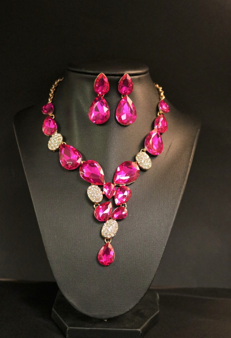 Hot Pink Necklace Earrings Set Fuchsia Rhinestone Crystal Etsy