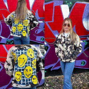 Hand Painted Smiley Face Jacket, Trippy Jacket, Bleached Denim Jacket ...