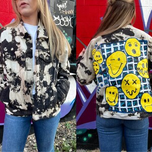 Hand Painted Smiley Face Jacket, Trippy Jacket, Bleached Denim Jacket ...