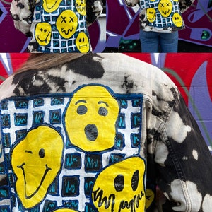 Hand Painted Smiley Face Jacket, Trippy Jacket, Bleached Denim Jacket ...