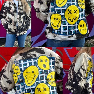 Hand Painted Smiley Face Jacket, Trippy Jacket, Bleached Denim Jacket ...