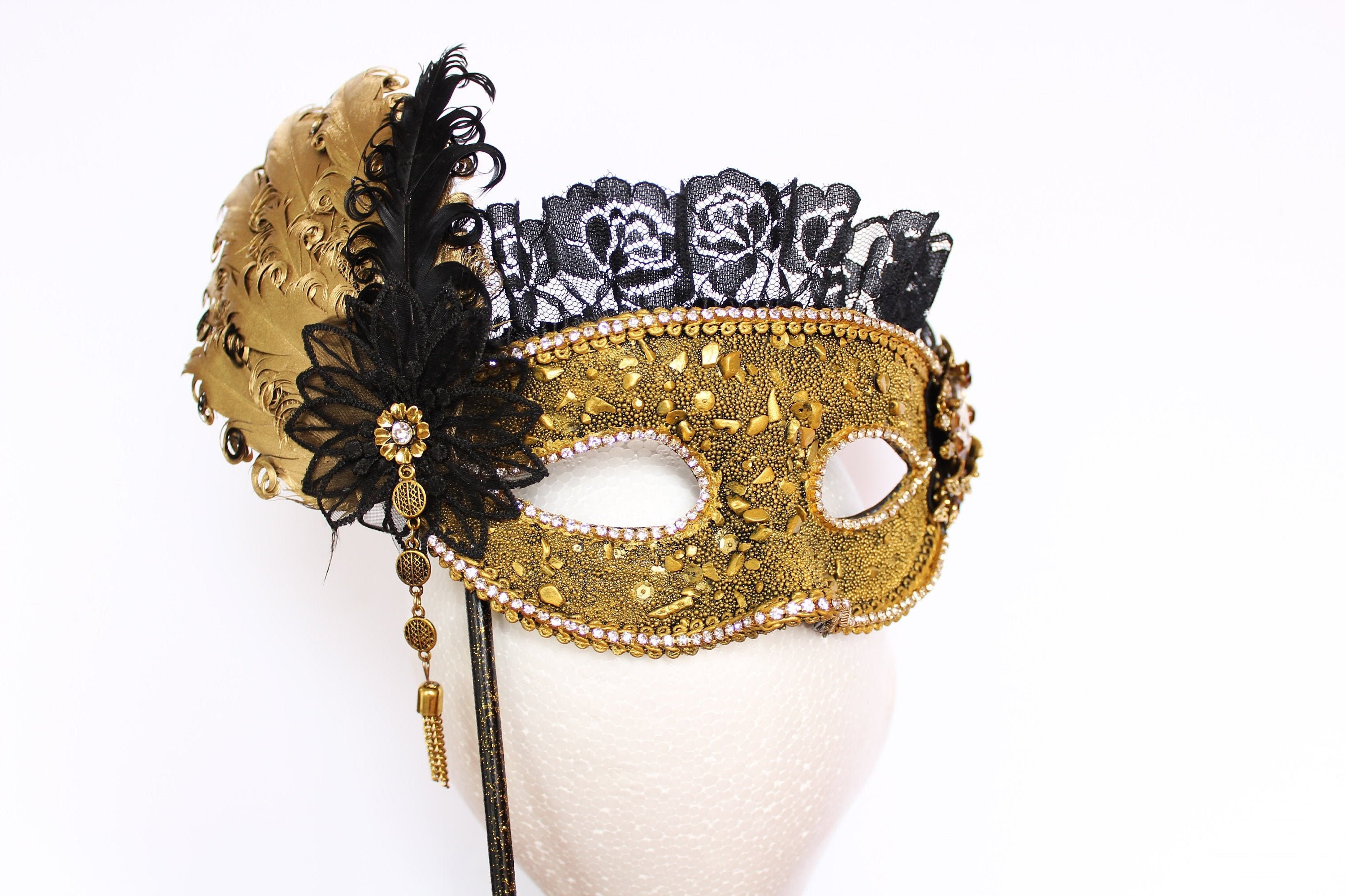 Gold Crystal Masquerade Mask For Masked Ball Black Stick Mask Mardi gold-crystal-masquerade-mask-for-masked-ball-black-stick-mask-mardi