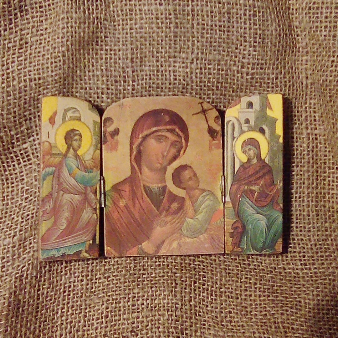 Orthodox Triptych Wooden Icon With Virgin Mary and Child, Archangels ...