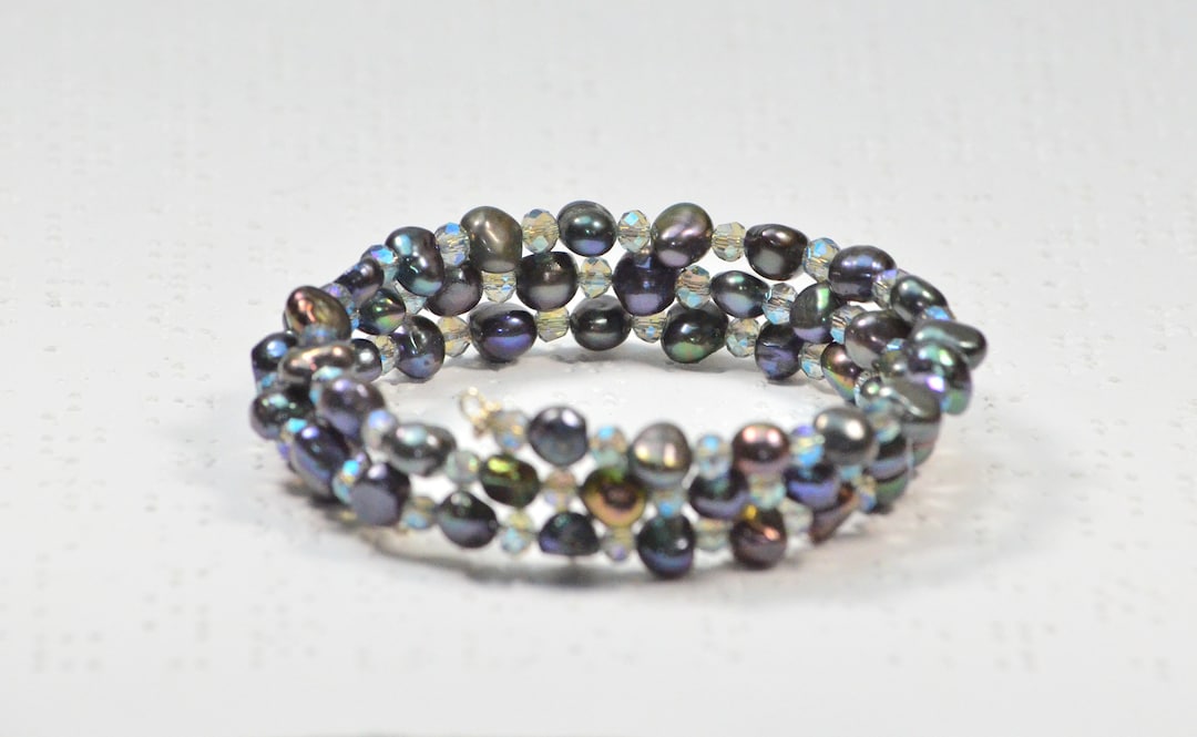 Freshwater Black Pearl Wrap Bracelet, Crystal and Pearl Bracelet ...