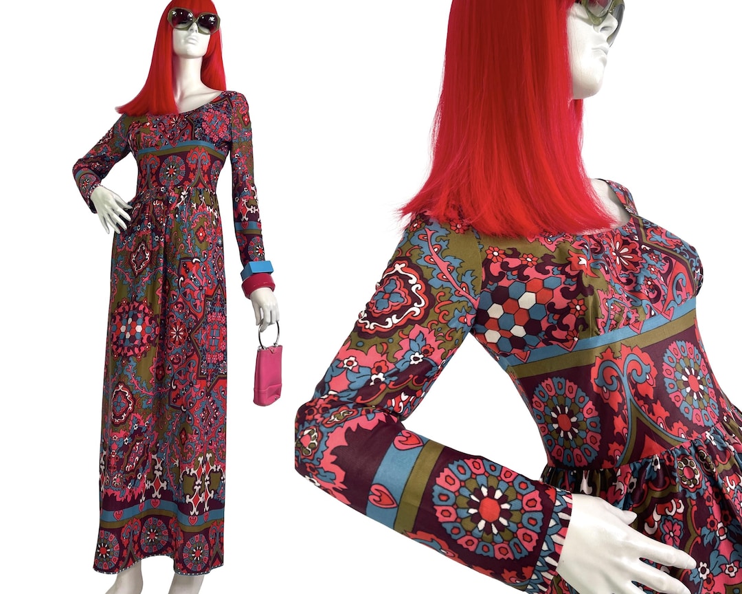 1970s Vintage Psychedelic Mod Maxi Dress / Hippie / Festival / Richard ...