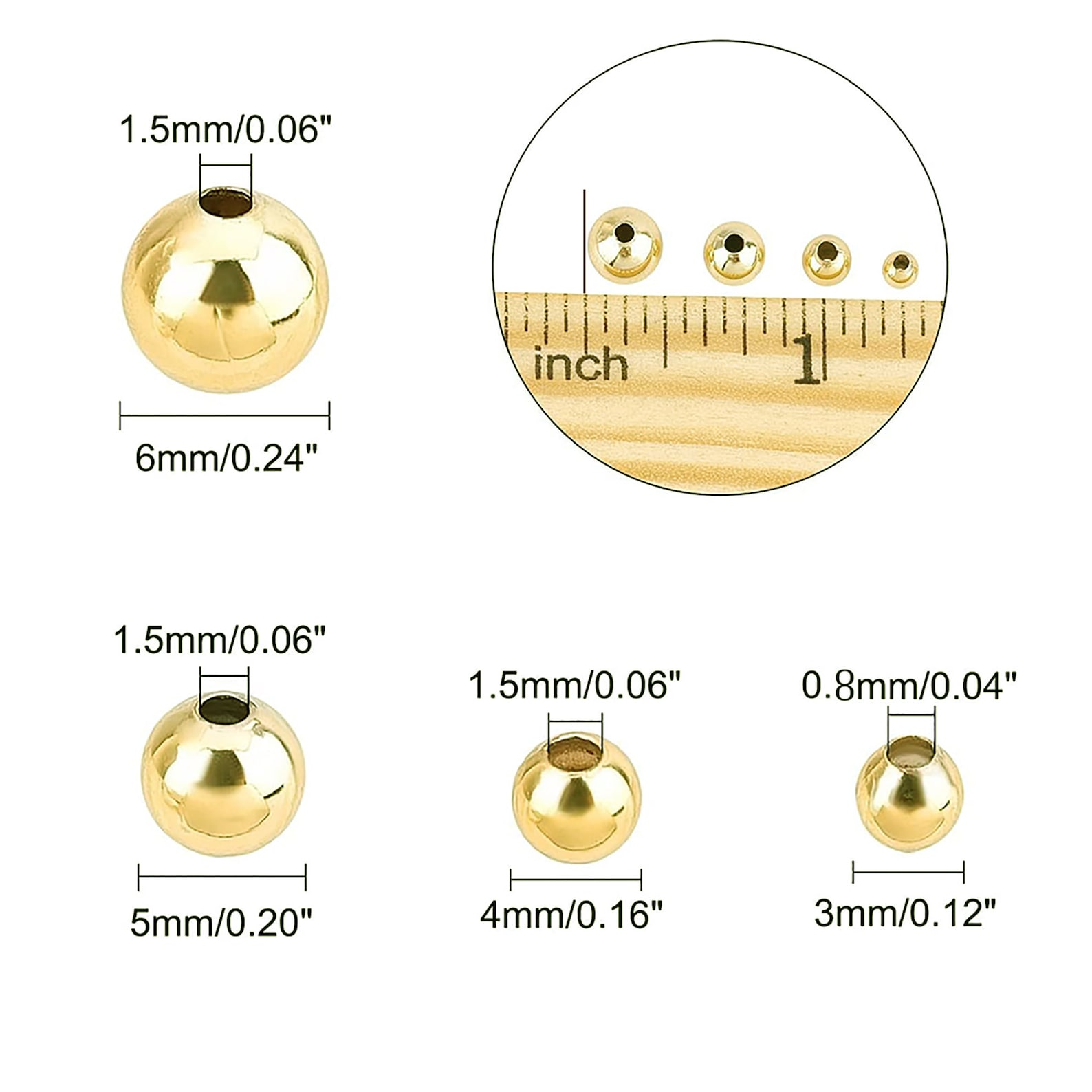 18K Gold Plated Round Spacer Beads Smooth Tarnish Resistance Ball Beads ...