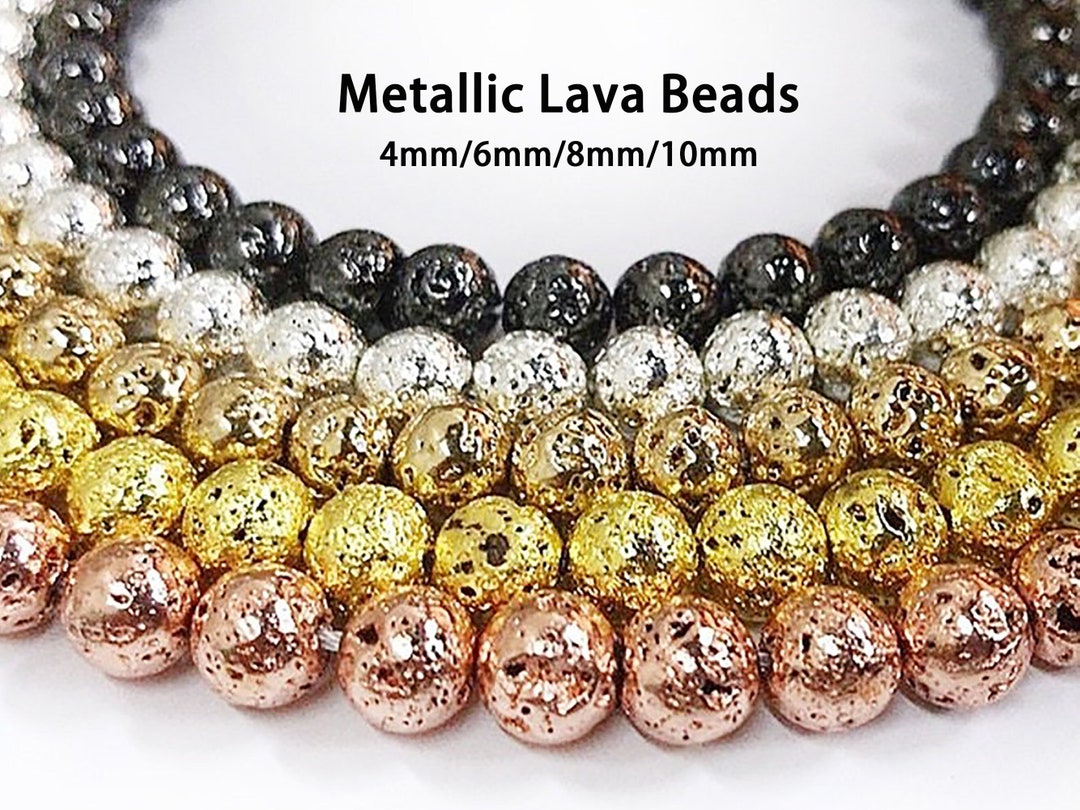 Metallic Lava Stone 4mm / 6mm / 8mm / 10mm / 12mm Silver Rose Gold ...