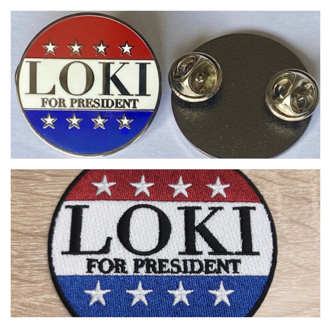 Loki For President enamel pin badge/embroidered patch set. | Etsy