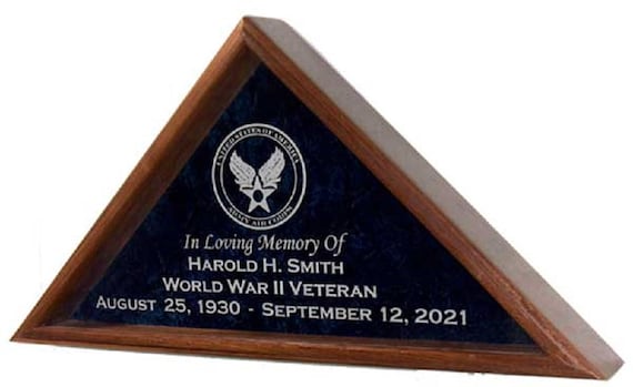 Military Veteran Burial Flag Display Case for funeral honors Flag INCLUDES Emblem and 4 lines of Personalized Engraved Text
