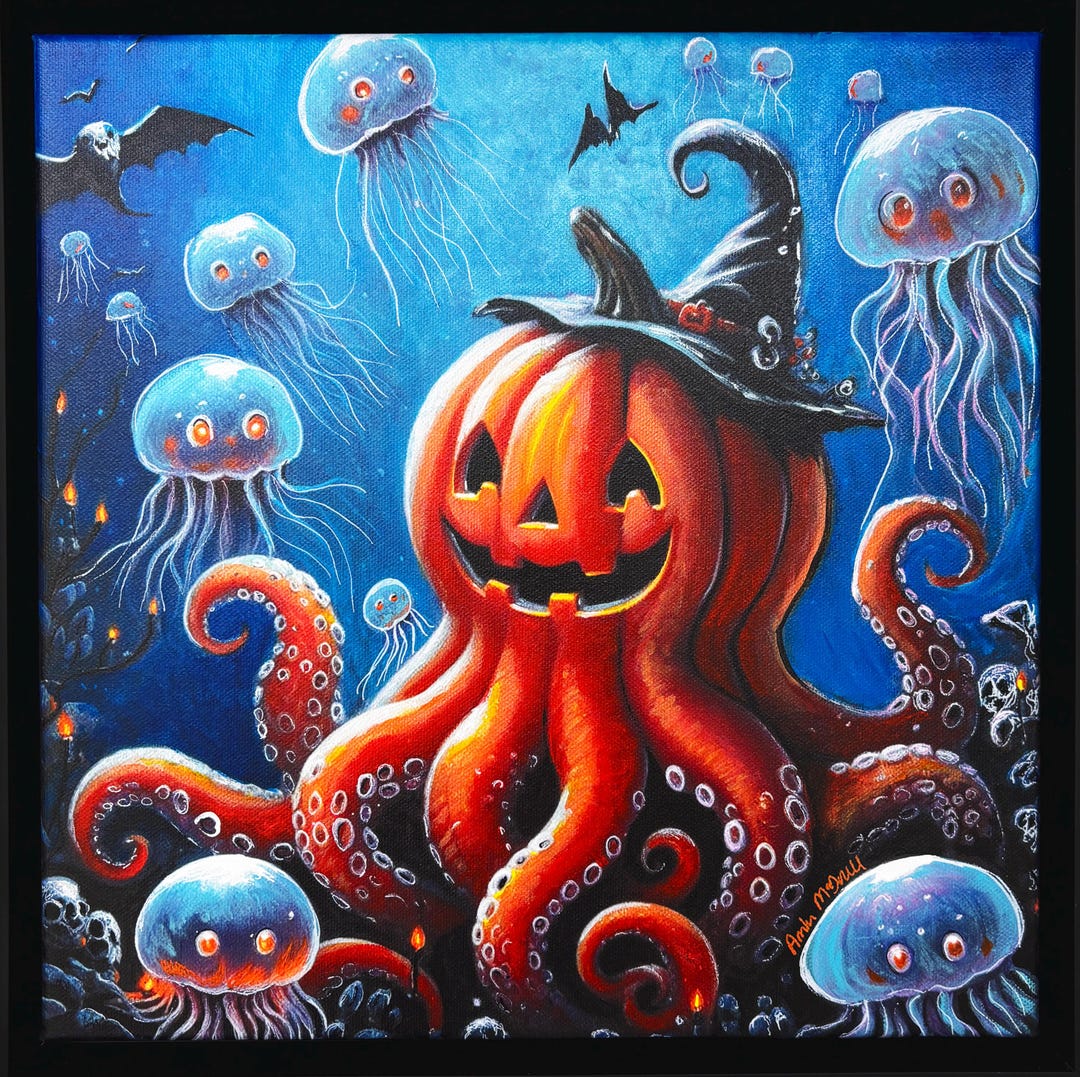 Octopus Painting, Halloween Art, Pumpkin Art, Jellyfish Art, Halloween ...