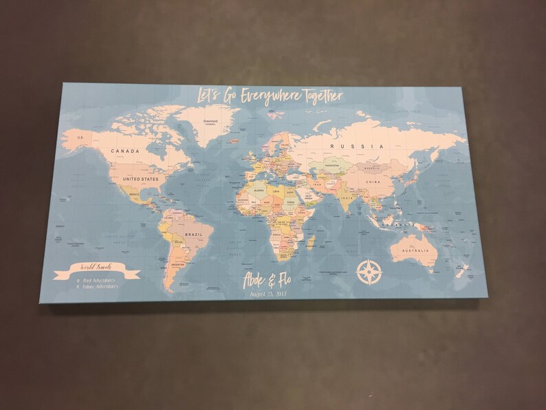 Blue World Travel Map Personalized Push Pin Map Canvas - Etsy