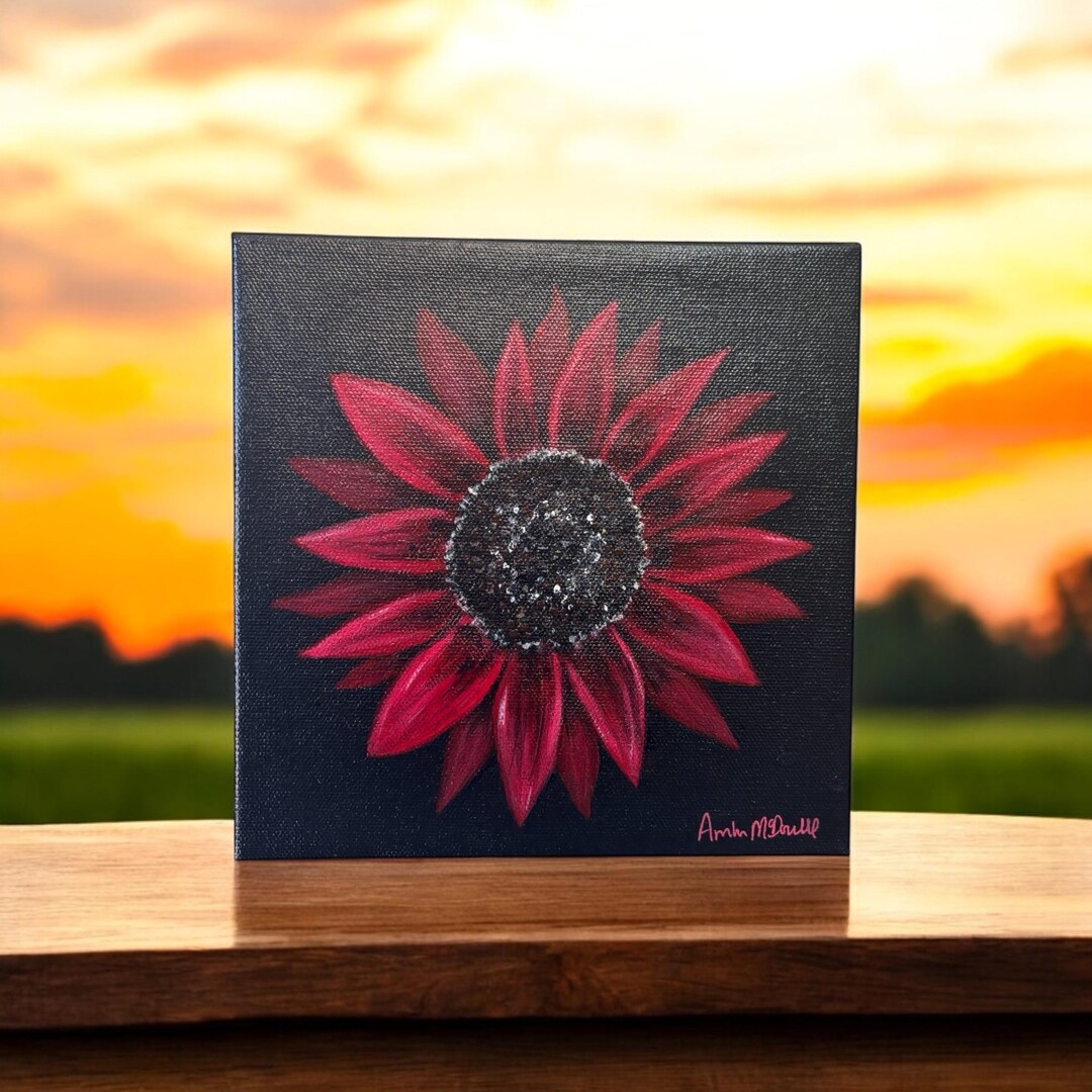 Red Sunflower Painting, Original Sunflower Painting on Canvas, Flower ...