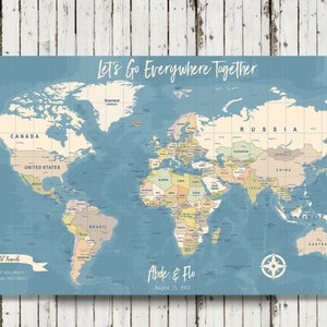 Blue World Travel Map, Personalized Push Pin Map, Canvas Pushpin Map ...
