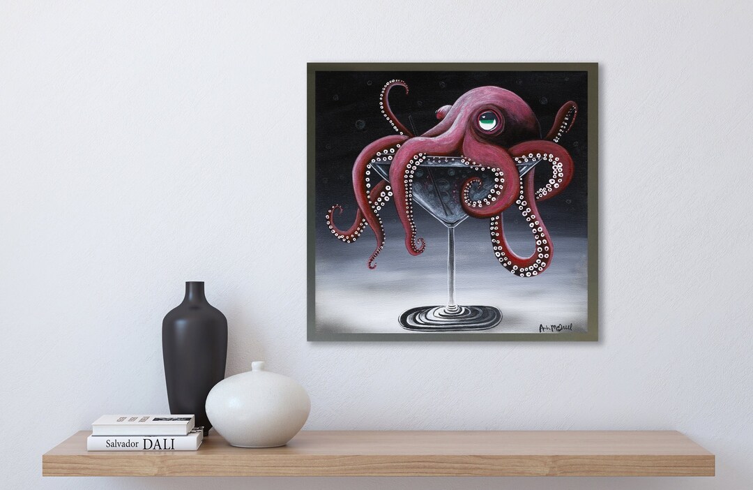 Playful Octopus Drinking Martini Art Print, Funny Octopus in Martini ...
