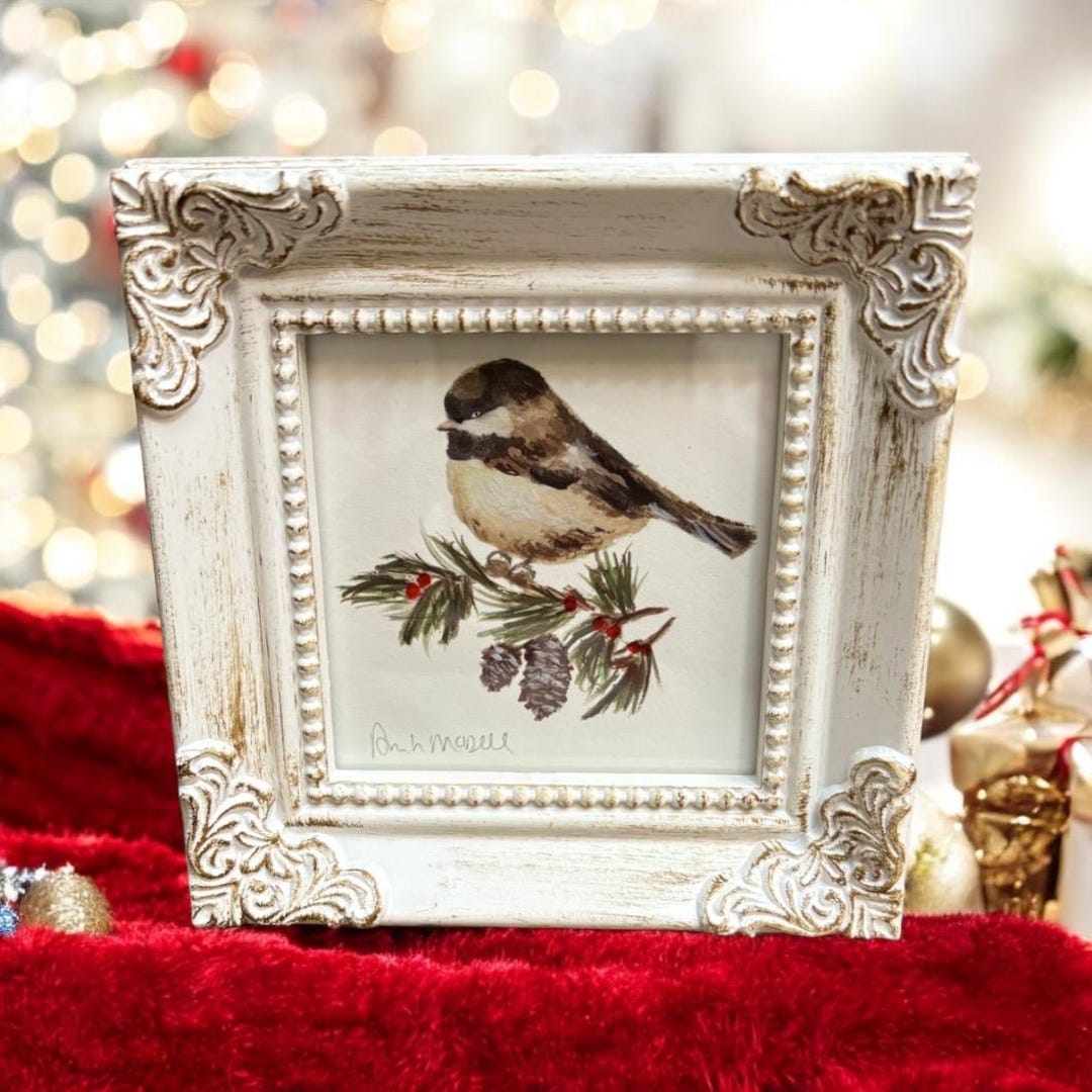 Watercolor Chickadee Bird Art With Elegant Frame, Tiny Painting, Mini ...