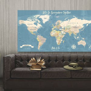 Blue World Travel Map, Personalized Push Pin Map, Canvas Pushpin Map ...