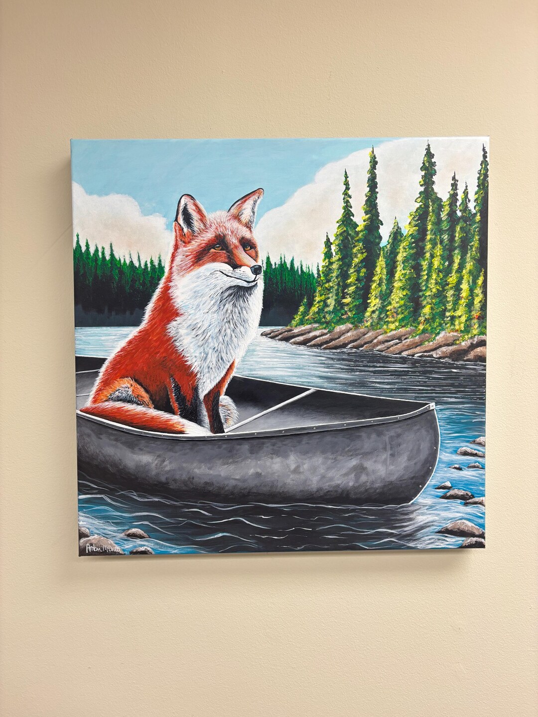 Red Fox in Canoe Painting, Fox Portrait, Original Fox Painting on ...
