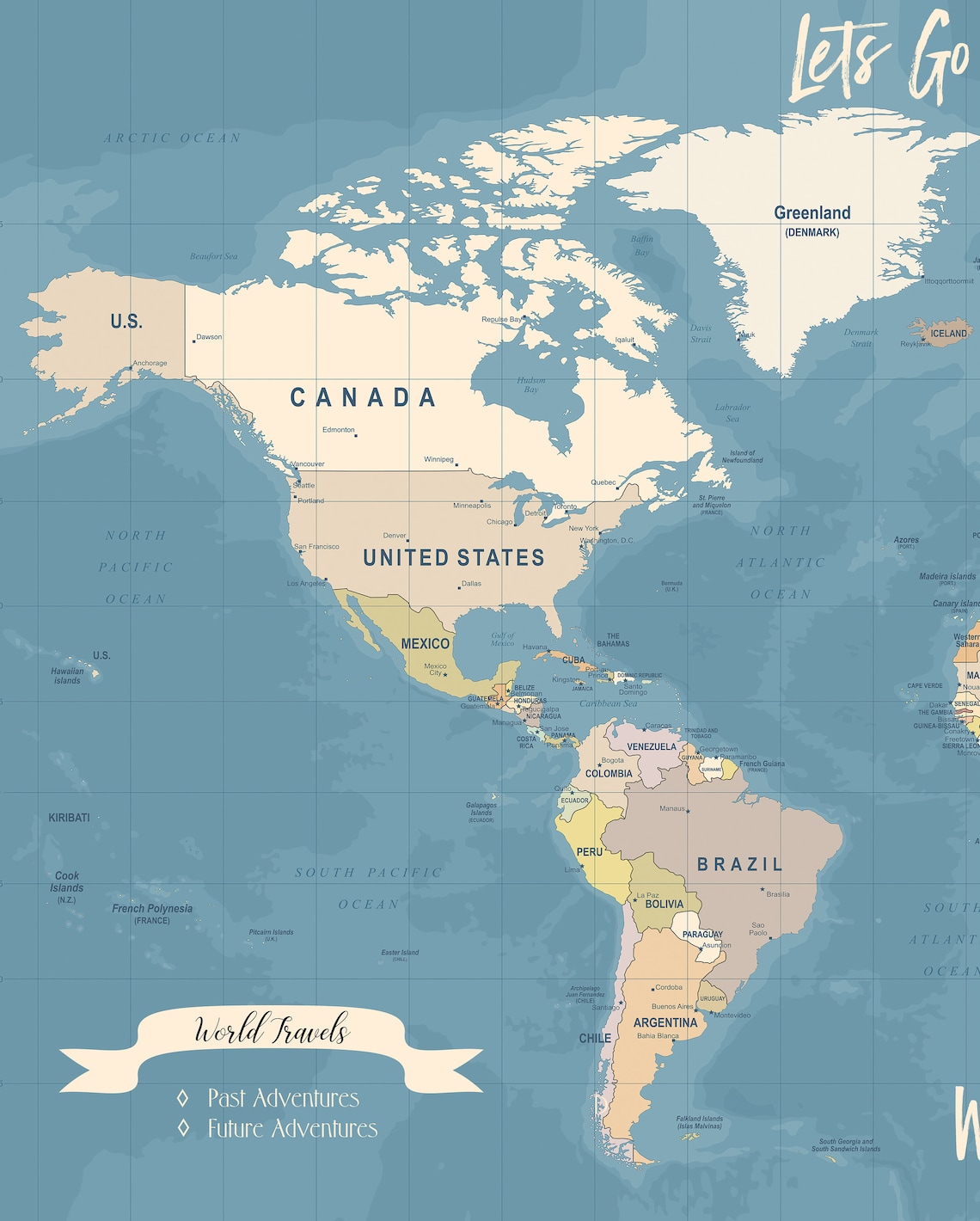 Blue World Travel Map Personalized Push Pin Map Canvas - Etsy