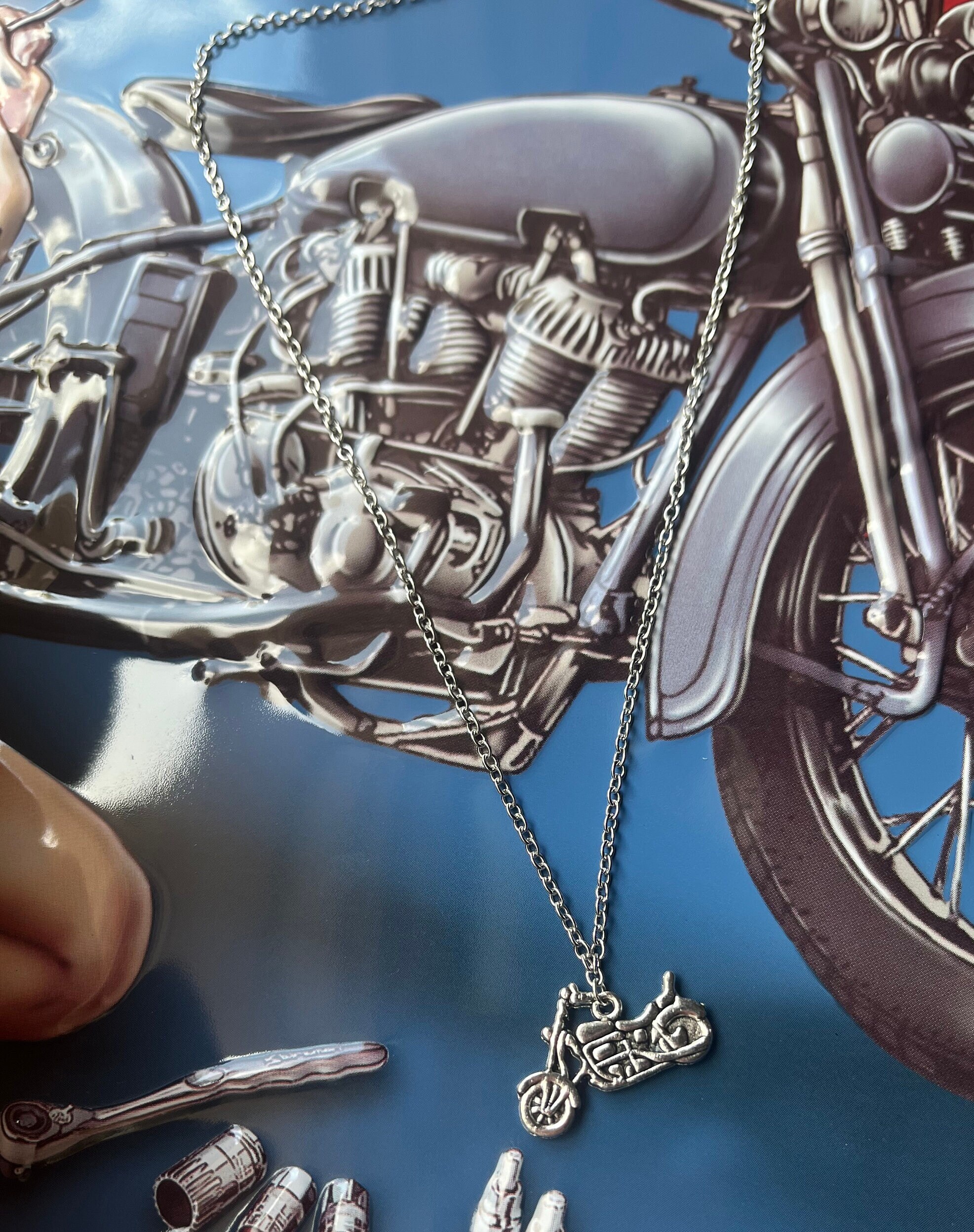 18” Motorcycle Charm Necklace - Motorcycle Rider - Silver - Biker ...