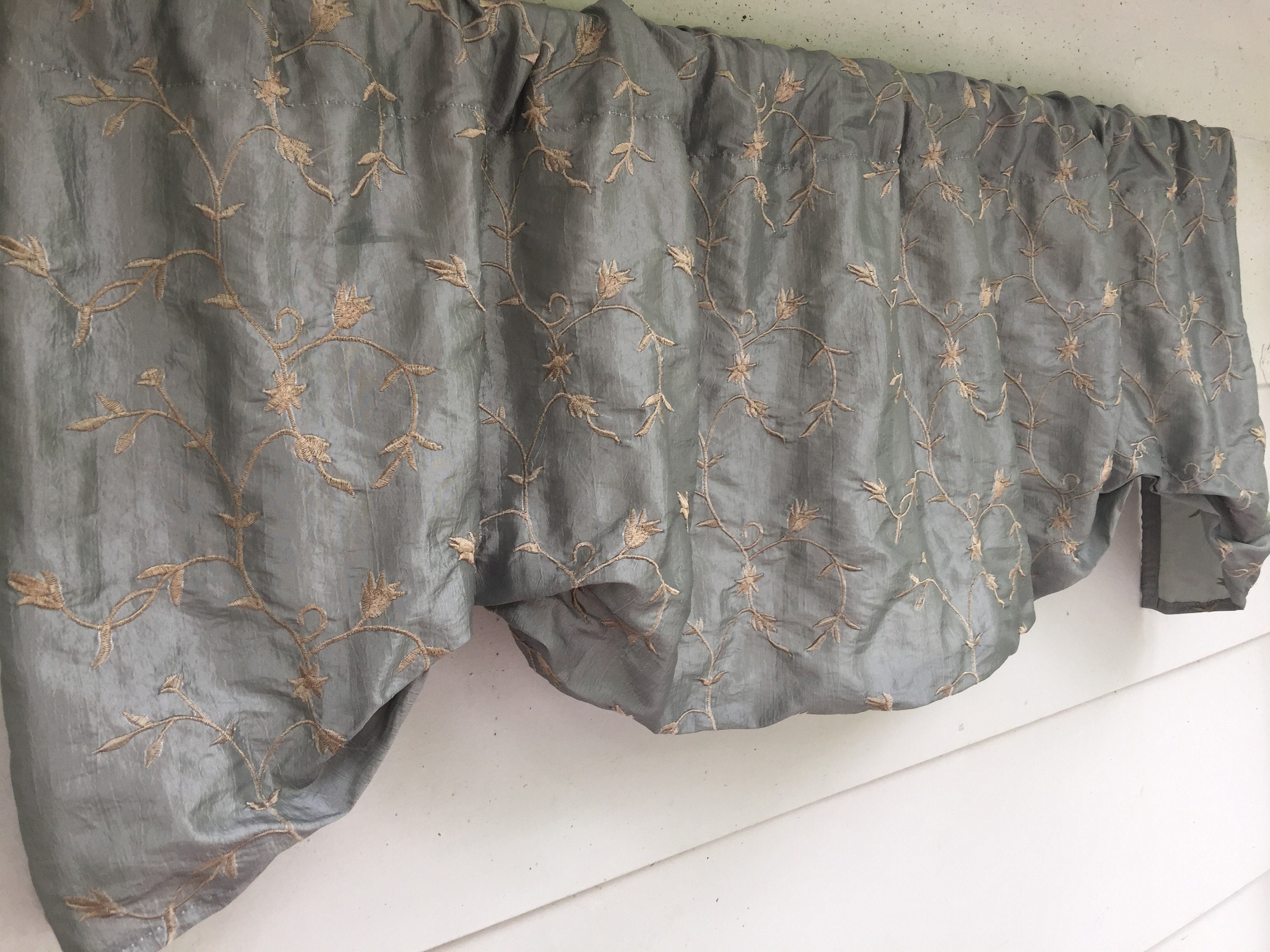 Gray window valance gray with tan embroidard leaf and little | Etsy