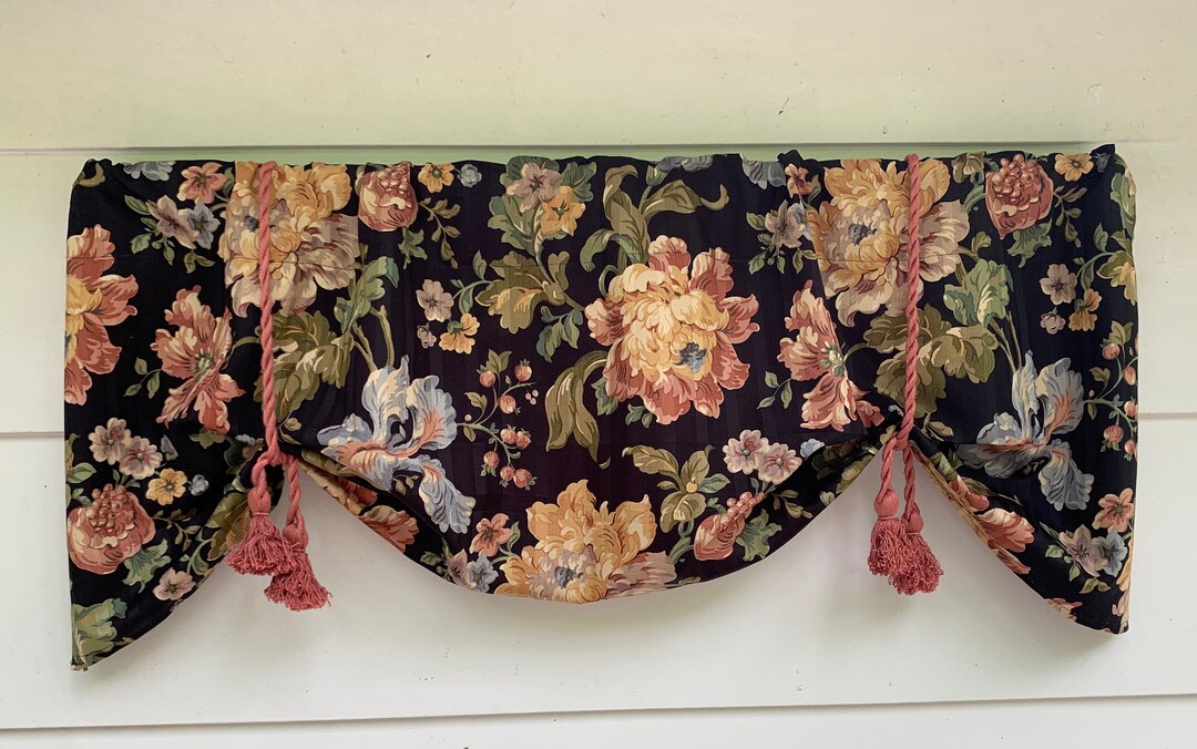 Floral Window Valance With Tassel Ties, Black Valance, Tassel Valance ...
