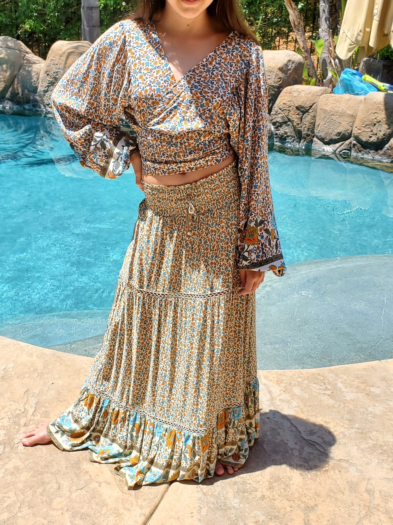 Maya Antonia Set Floral-blue-white-orange-turquoise Maxi Skirt - Etsy