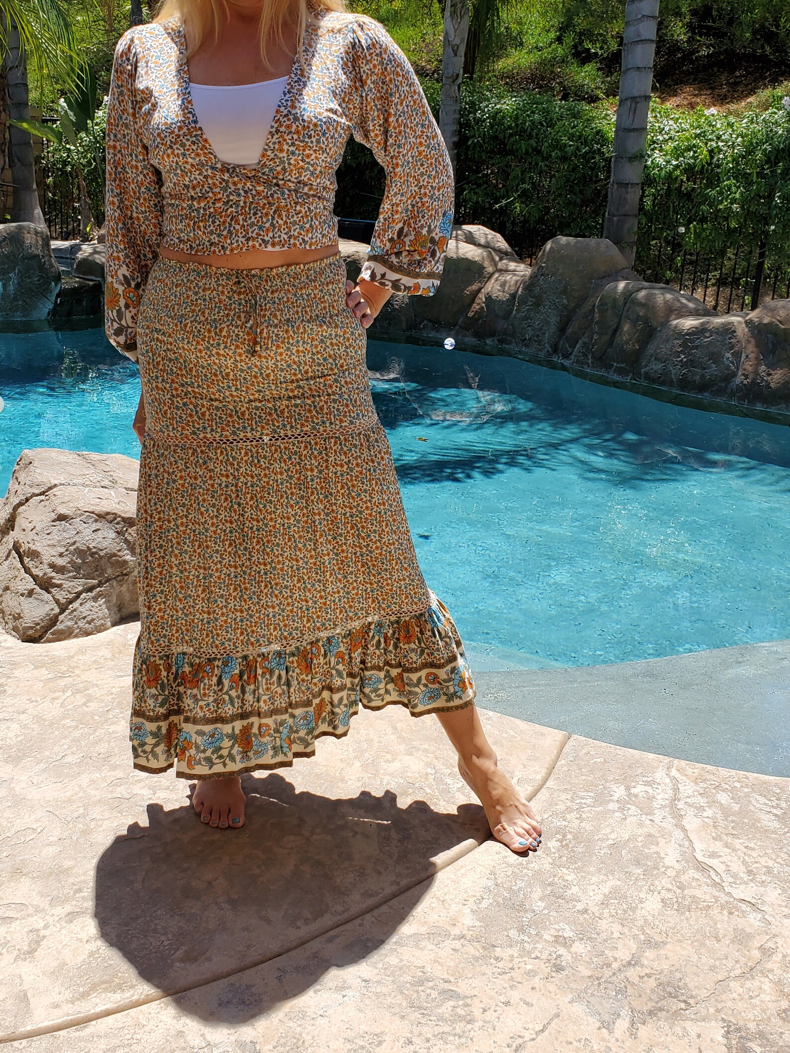 Maya Antonia Set Floral-blue-white-orange-turquoise Maxi Skirt | Etsy