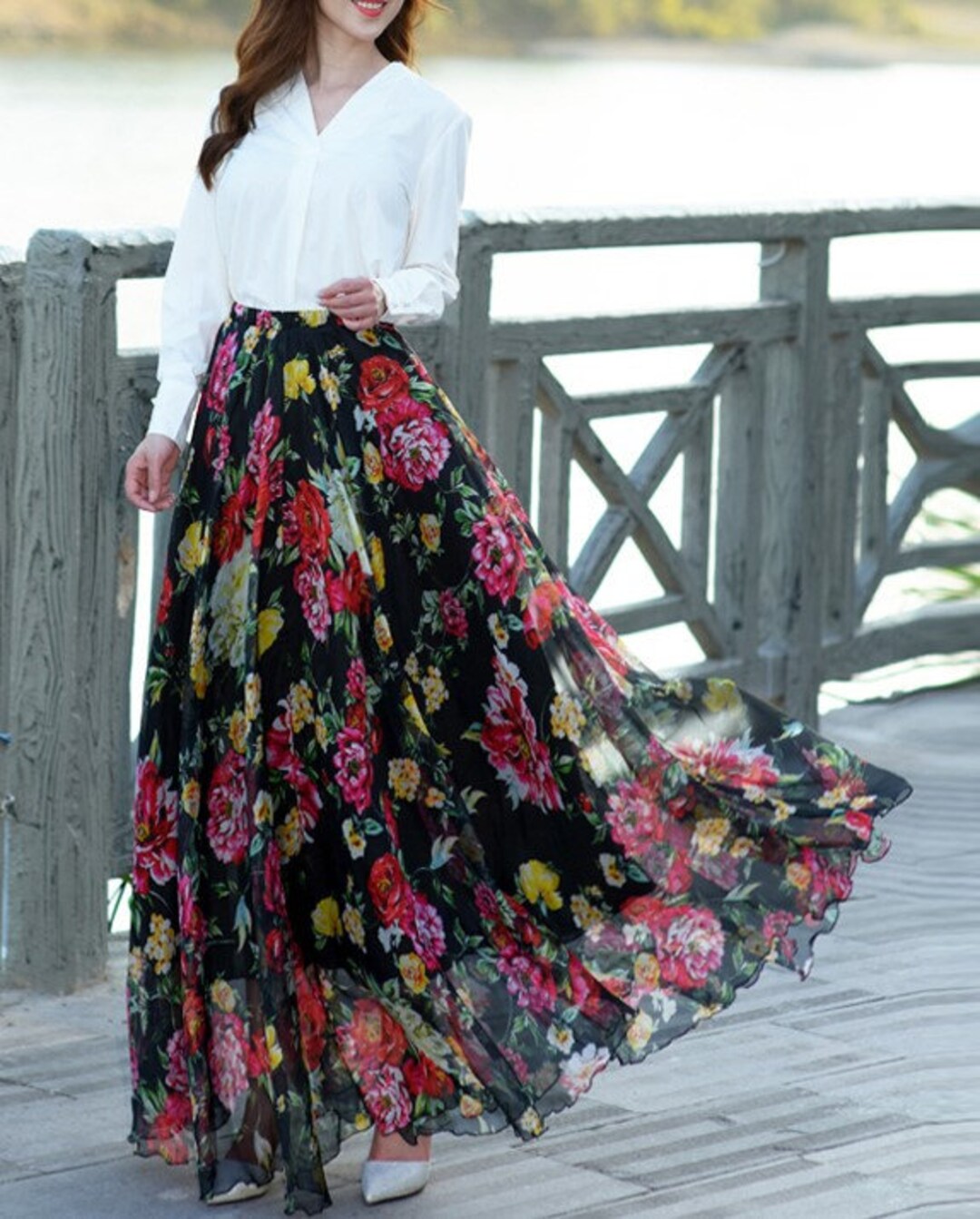 Maya Antonia Custom Made Elastic Waist Chiffon Maxi Skirt, Red-black ...