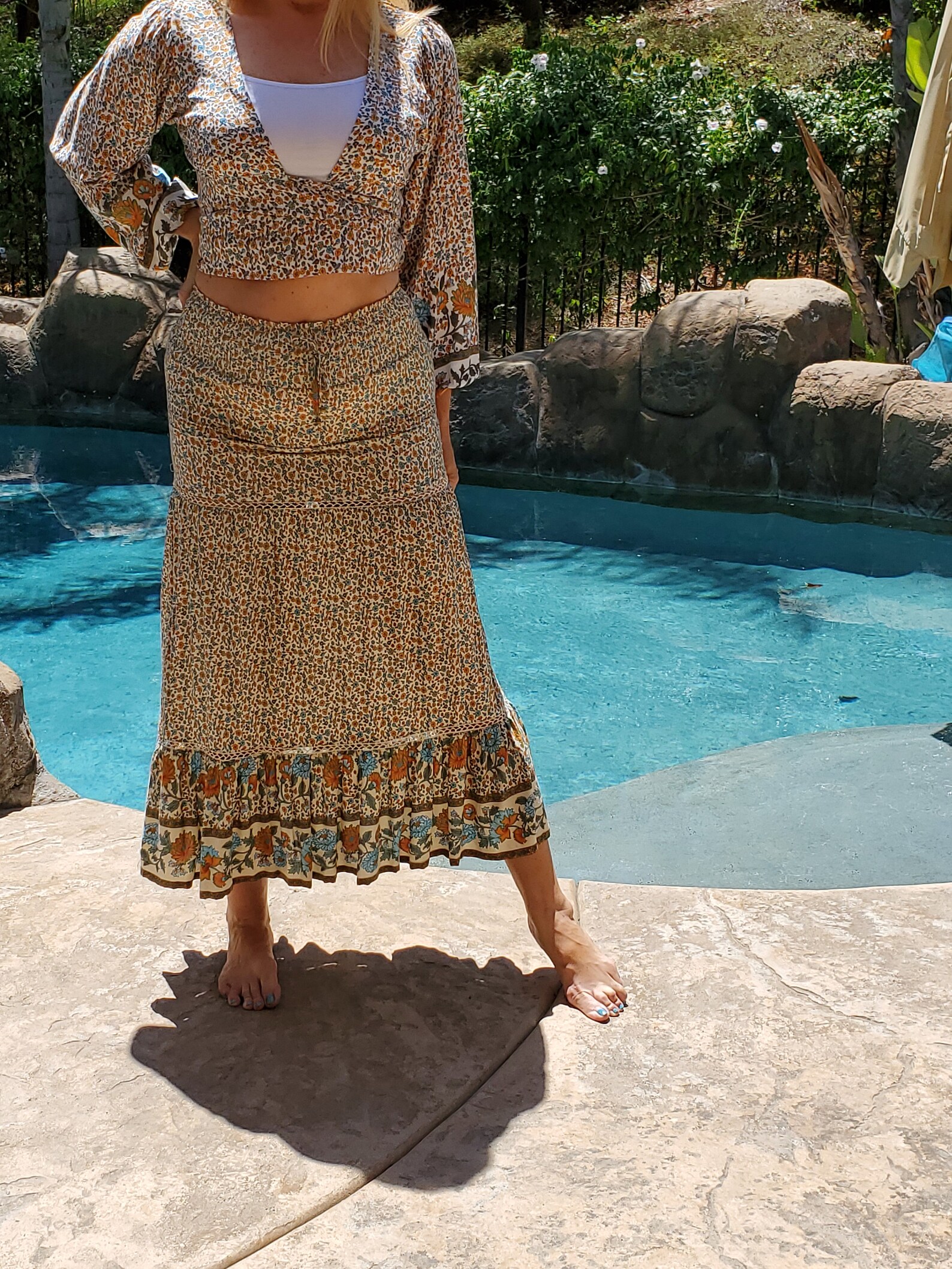 Maya Antonia Set Floral-blue-white-orange-turquoise Maxi Skirt - Etsy