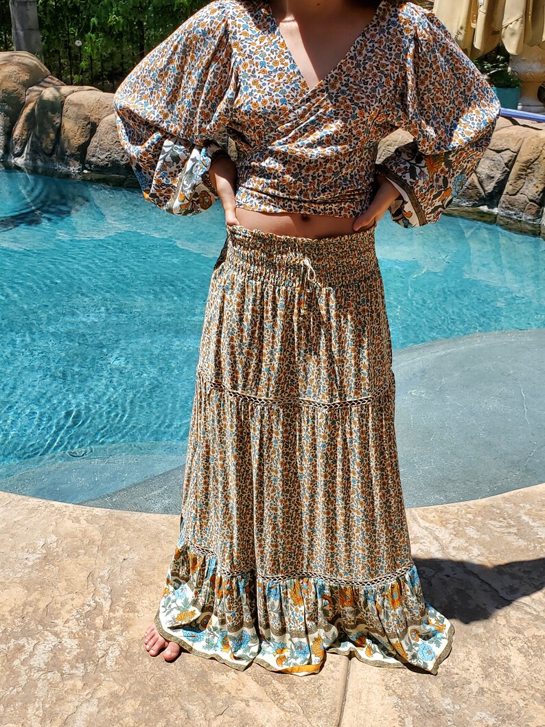 Maya Antonia Set Floral-blue-white-orange-turquoise Maxi Skirt - Etsy