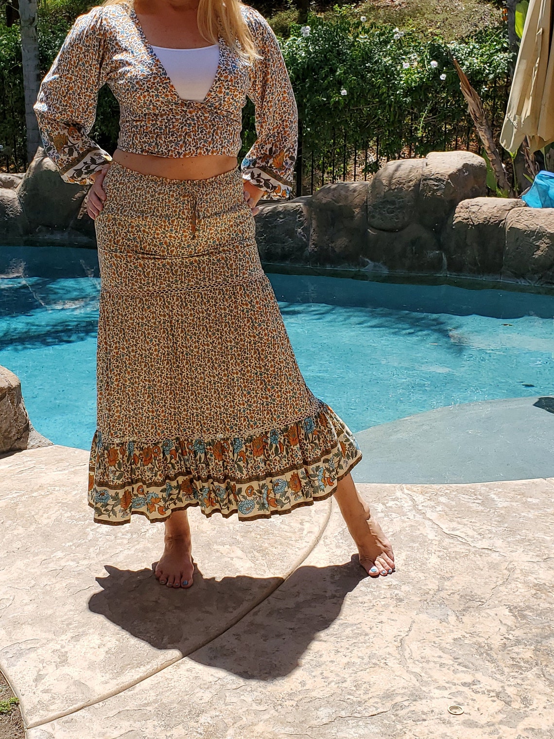 Maya Antonia Set Floral-blue-white-orange-turquoise Maxi Skirt - Etsy