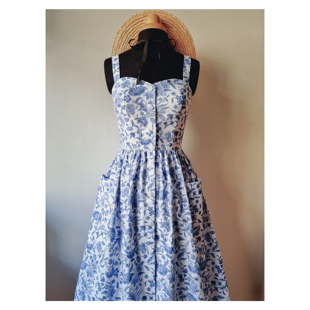 Reserved for C. PEARL Blue Floral Linen Dress, Sleeveless Dress, Midi ...